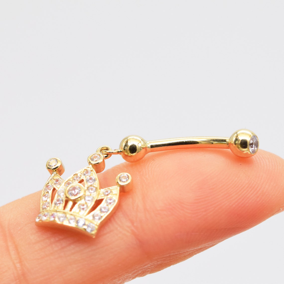 14k Solid Gold Crown Belly Button Ring Crown Dangle Navel Ring | Etsy