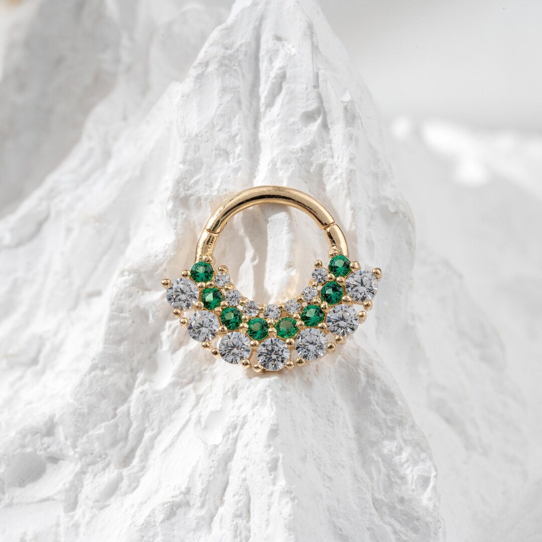 14k Solid Gold Emerald Diamond Septum Ring Double Row Daith Hoop ...