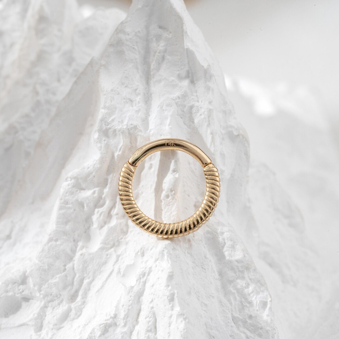14k Solid Gold Carved Septum Ring Embossed Texture Daith Hoop Clicker Cartilage Ring Gold ...