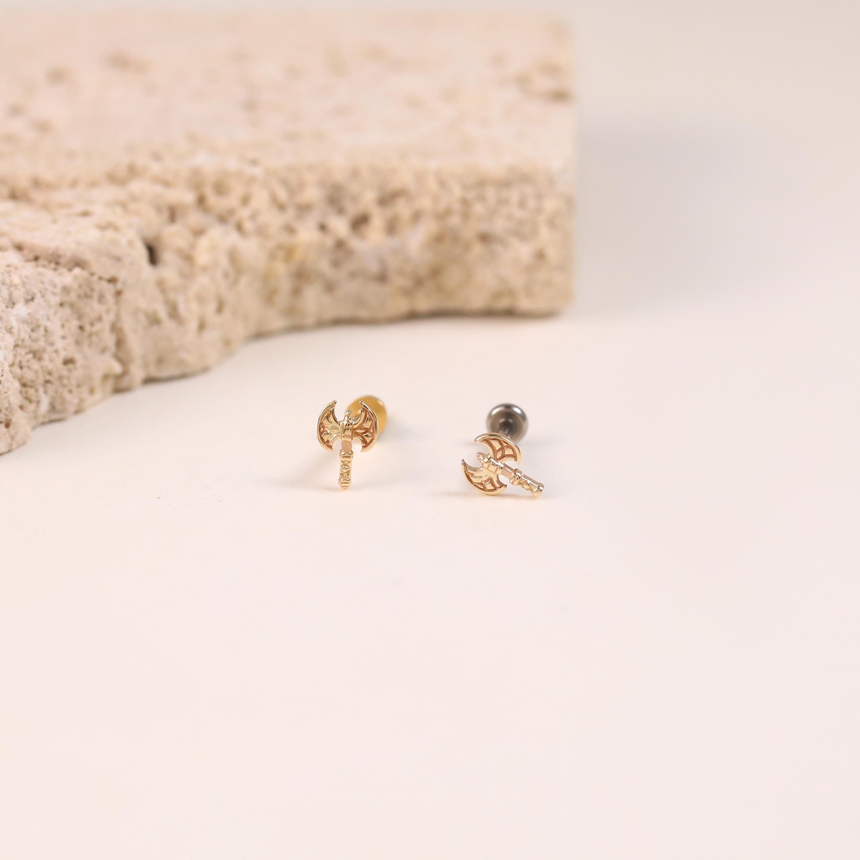 14k Solid Gold Double Headed Axe Helix Threadless Push Pin Stud Axe ...