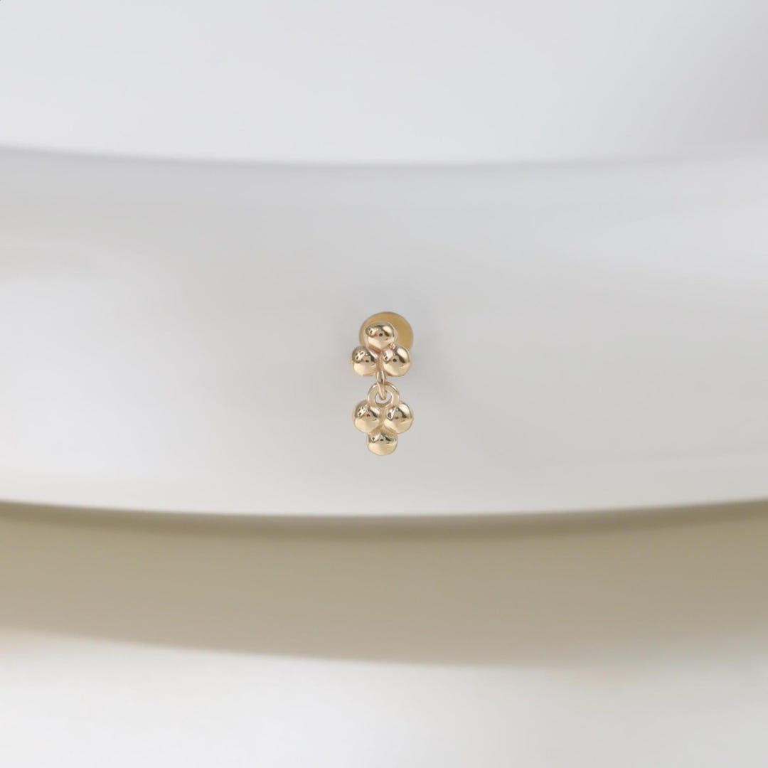 14K Solid Gold Triple Beads Cartilage Piercing, Dangle Three Ball Helix ...