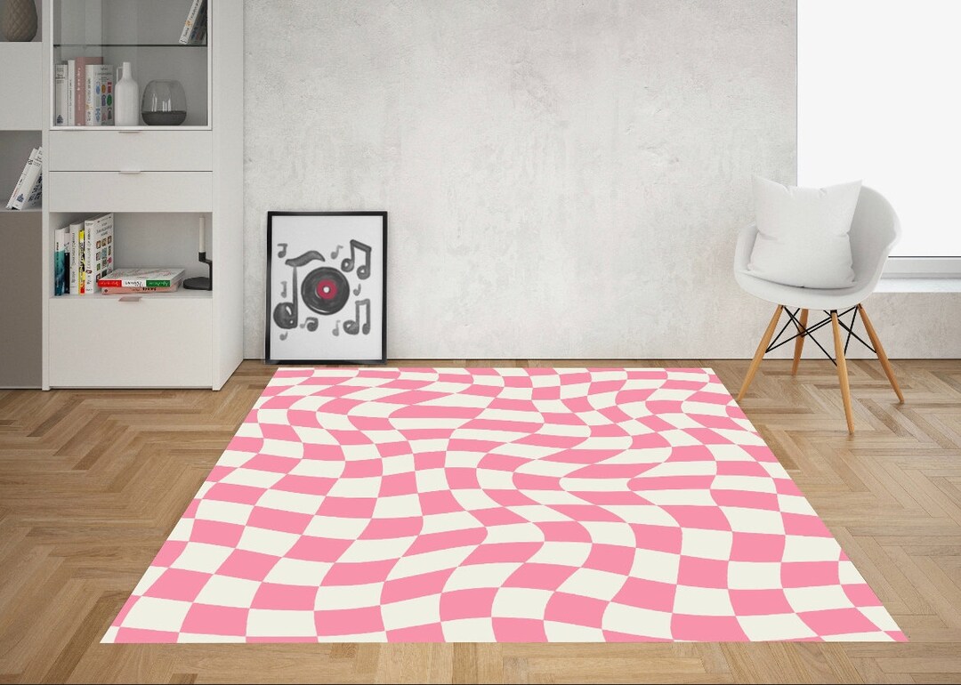 Pink and White Checkered Rug, 70s Style Area Rug for Her, Pink ...