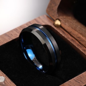 Black & Blue Tungsten Ring,dual-tone Brushed Finish Band,men's Wedding ...