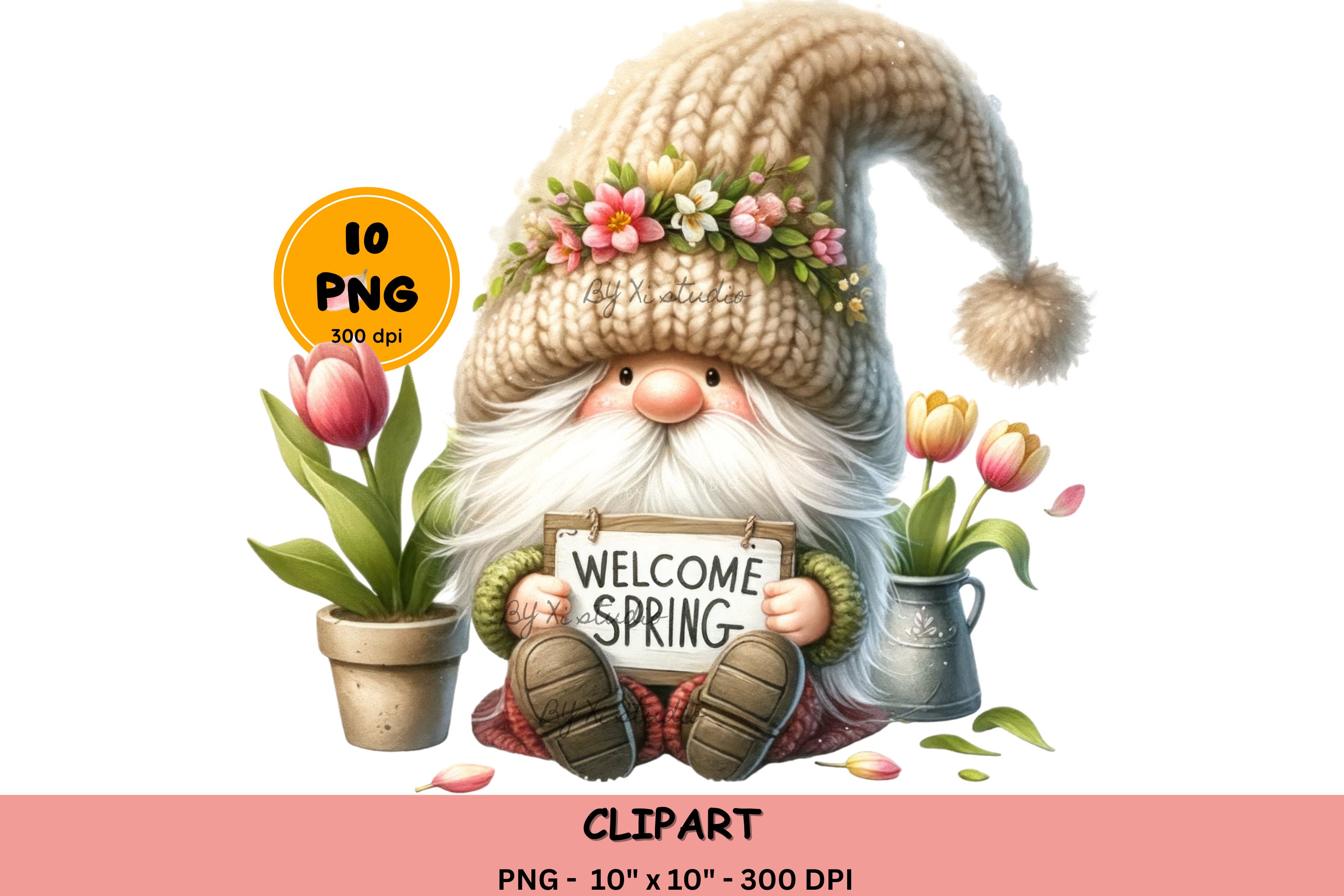Tulip Gnome With Welcome Spring Sign Clipart, Spring Gnome PNG, Garden ...