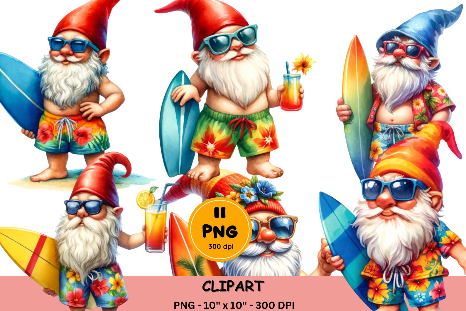 Watercolor Summer Beach Gnome Clipart, Surf Gnome Clipart, Beach Gnome ...