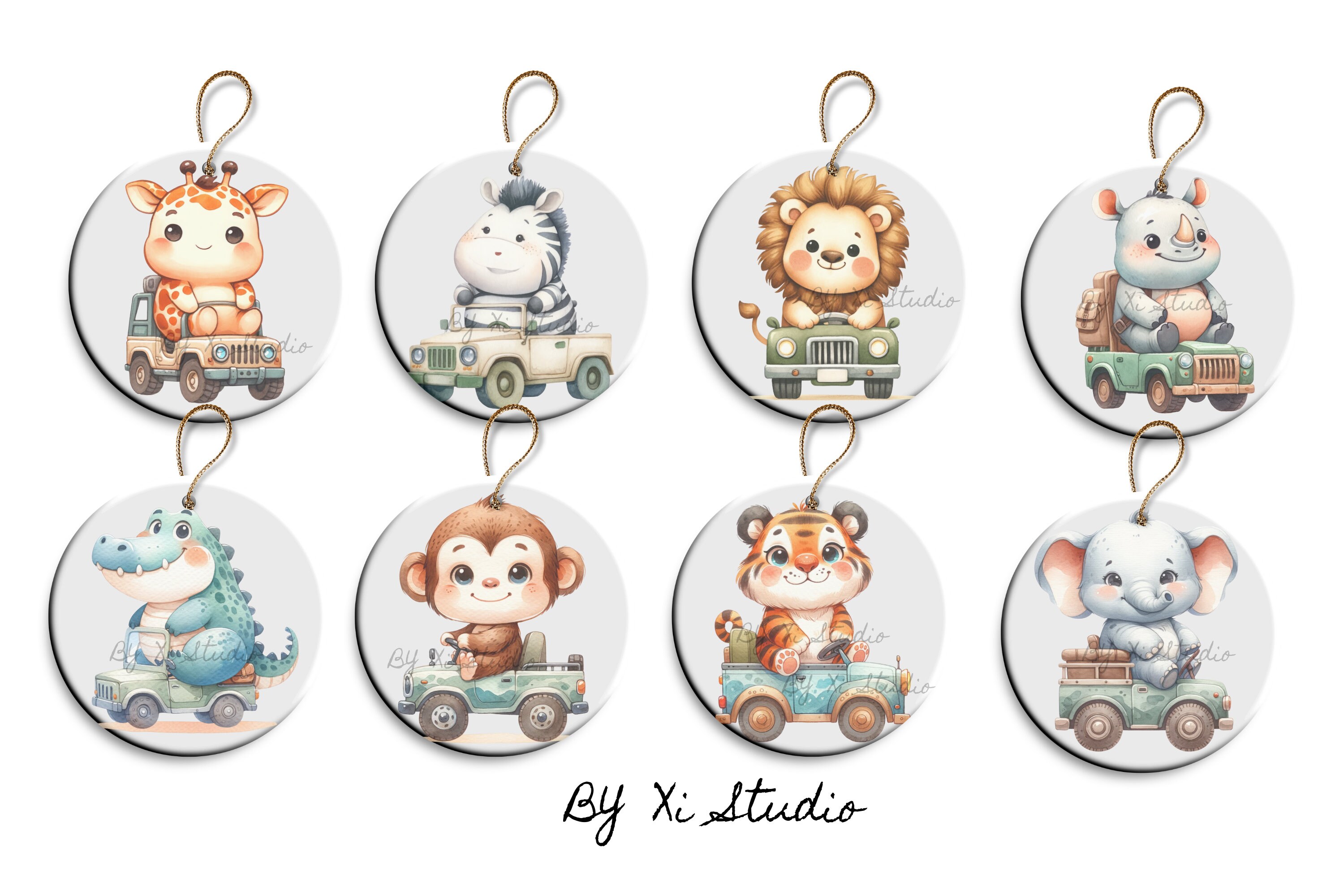 Watercolor Safari Animals on Car Clipart, Baby Animal Clipart, Vehicle ...