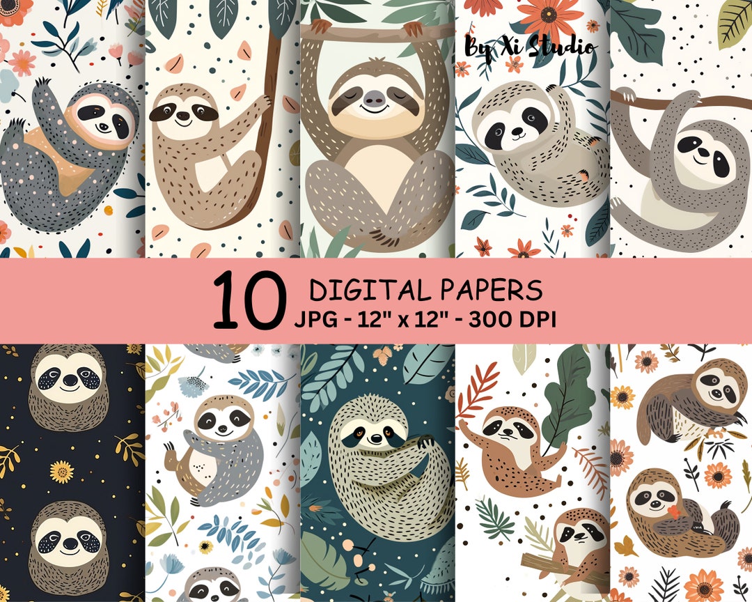 Sloth Illustration Digital Paper, Seamless, Printable Craft Paper ...