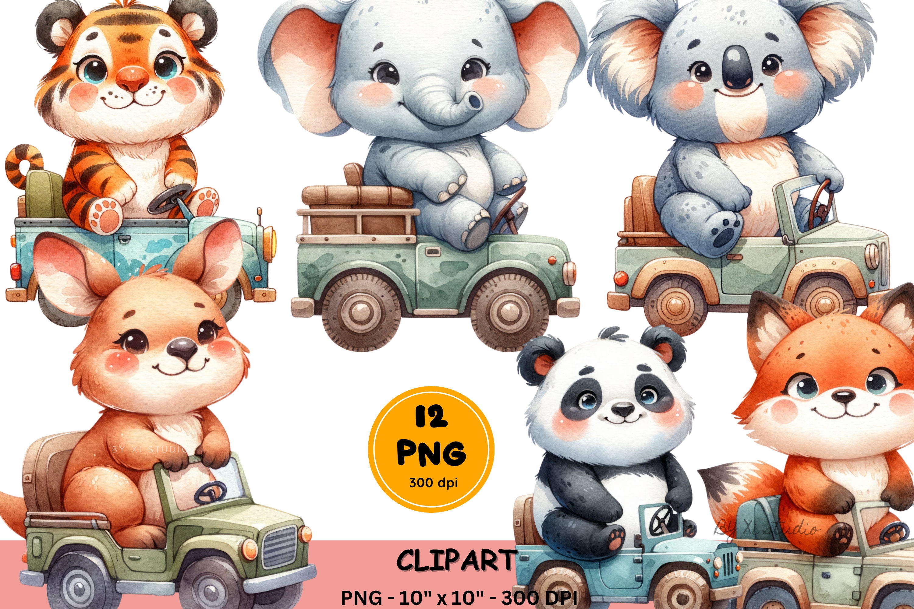 Watercolor Safari Animals on Car Clipart, Baby Animal Clipart, Vehicle ...