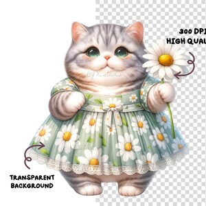 Cute Cat With Flower Clipart, Spring Cat Clipart, Watercolor Kitten ...