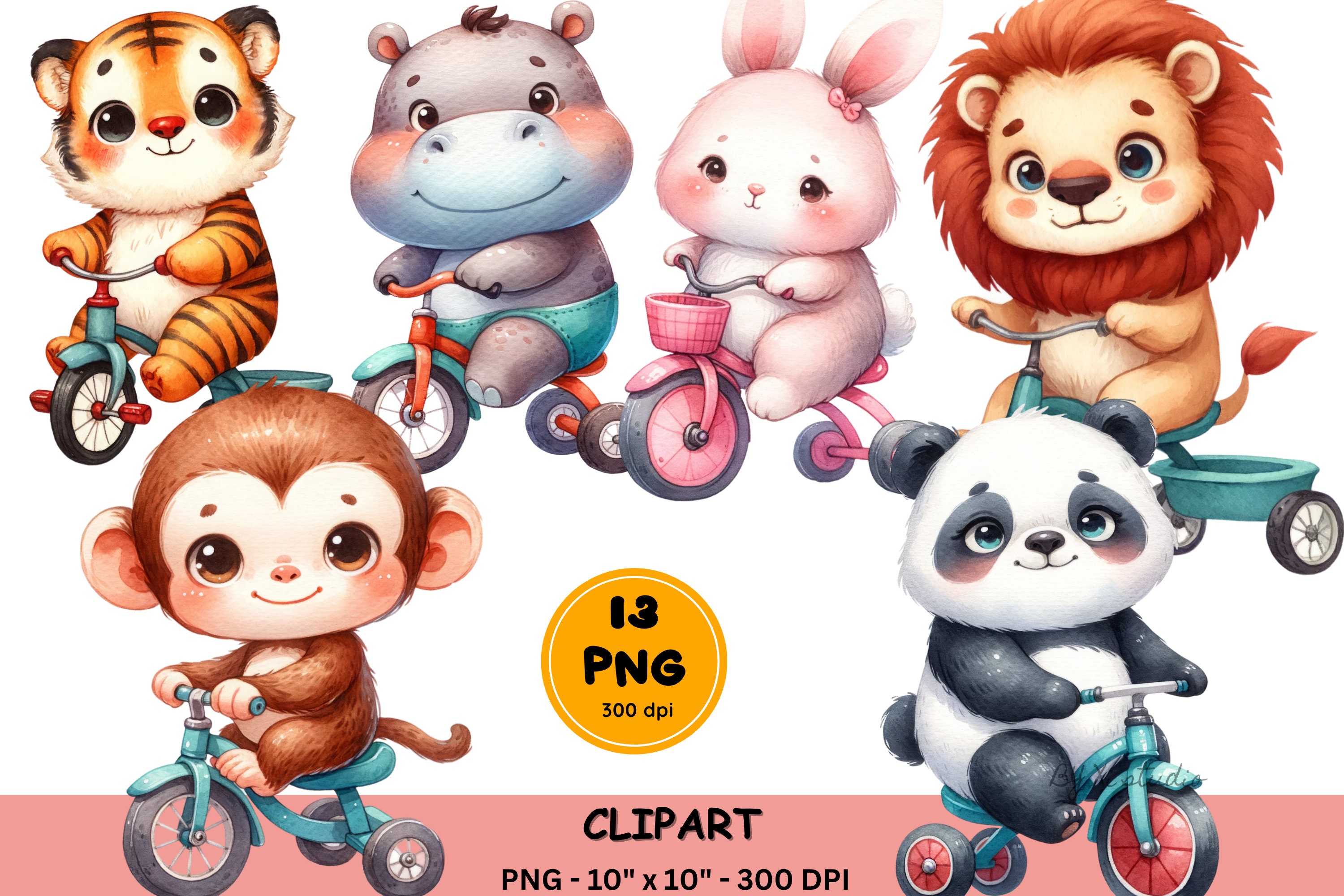 Watercolor Assorted Safari Animals on Tricycle Clipart, Baby Animal ...