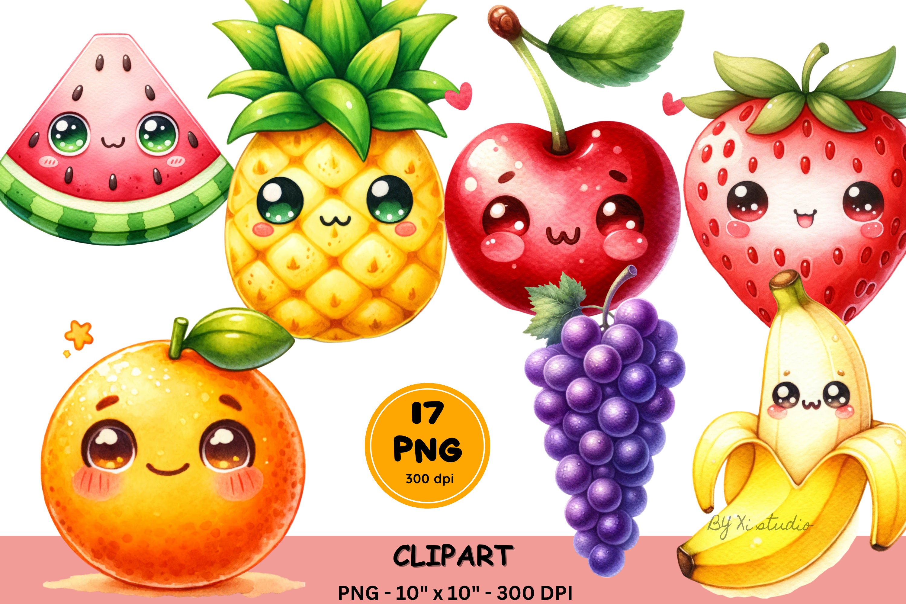 Watercolor Cute Fruits Clipart, Kawaii Fruit Sublimation Design ...