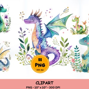 Watercolor Dragon Clipart, Floral Dragon PNG, Whimsical Spring Dragon ...