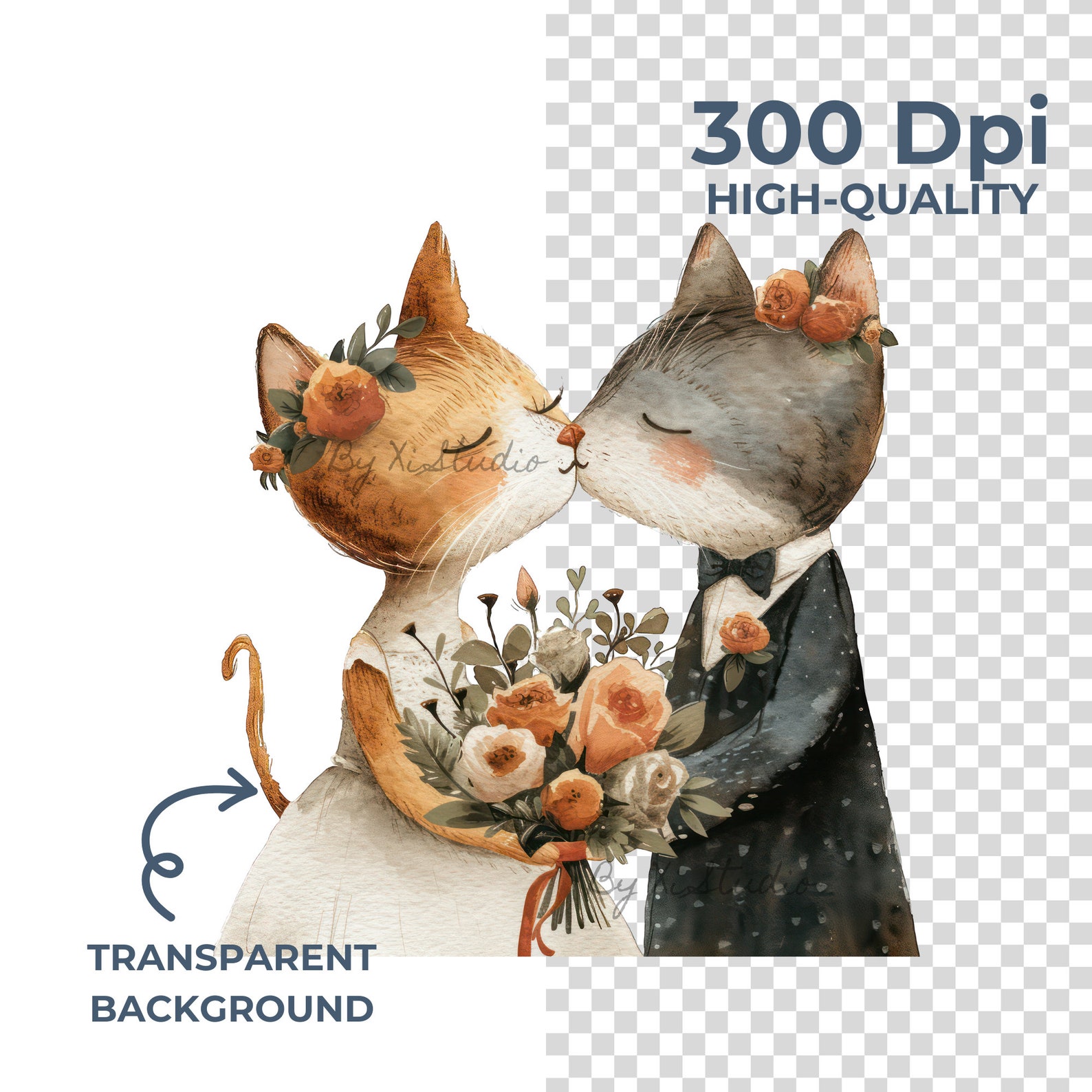 5 Cat Bride & Groom Watercolor Clipart, Cat Wedding, Kiss, Couple Clip ...