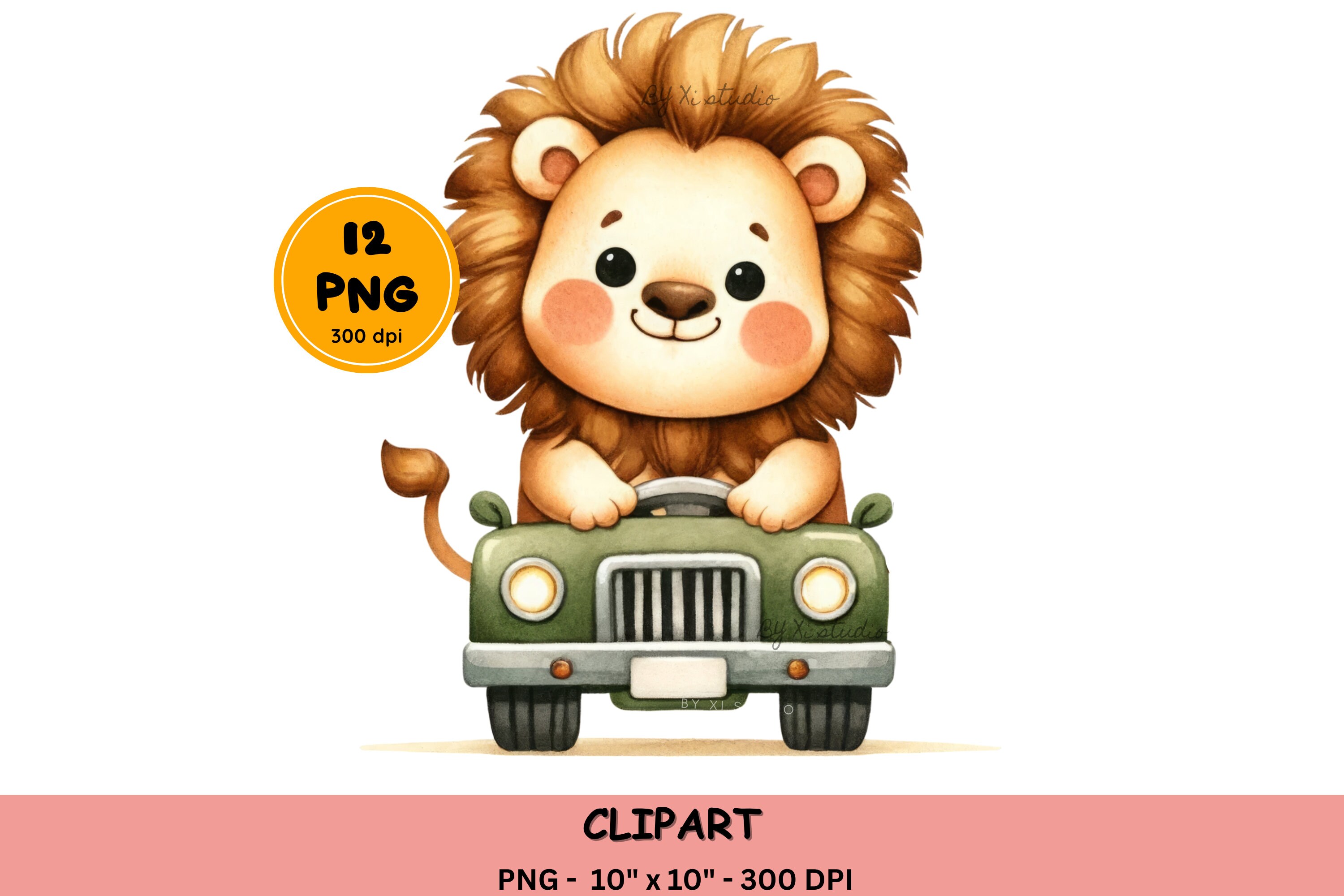 Watercolor Safari Animals on Car Clipart, Baby Animal Clipart, Vehicle ...