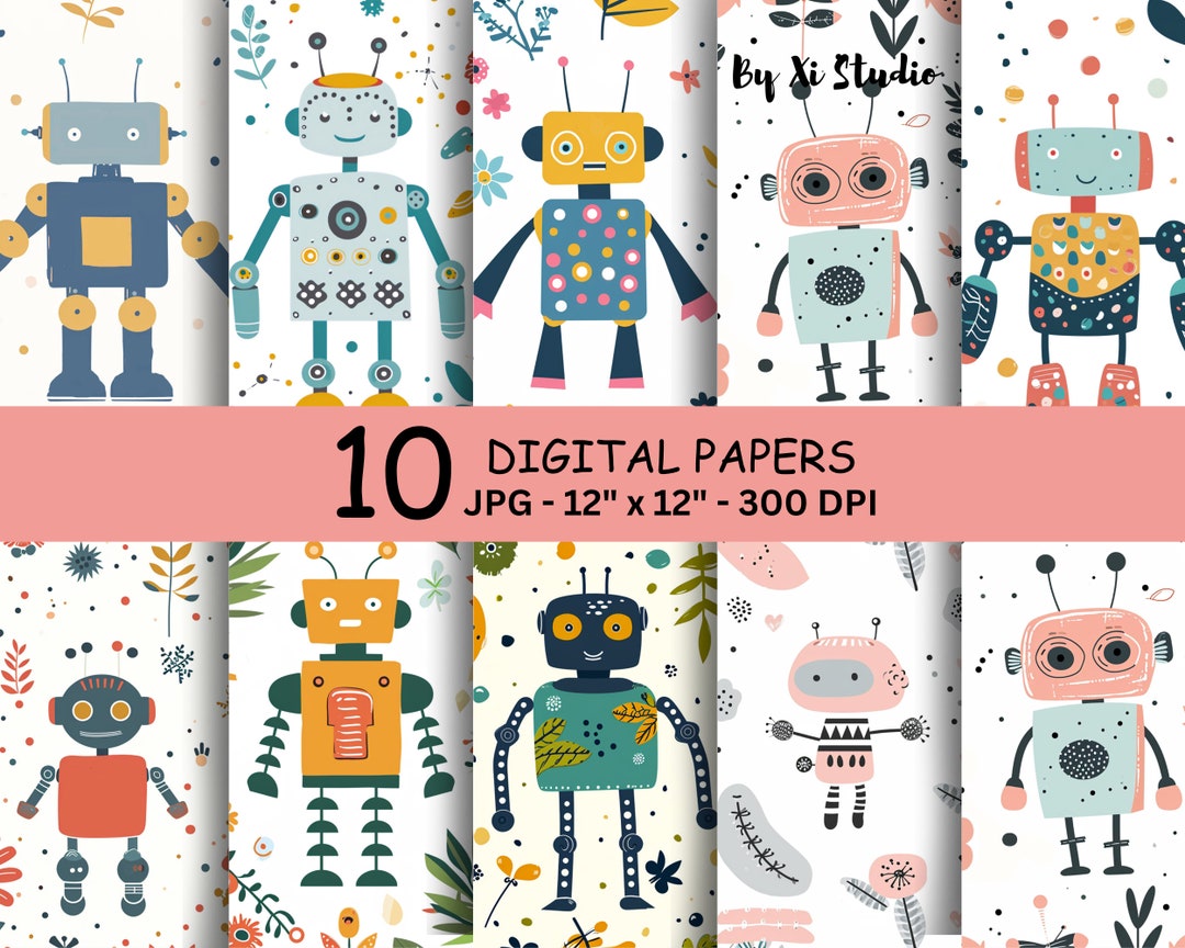 Cute Robot Illustration Digital Paper Pack, Seamless, Printable Craft ...