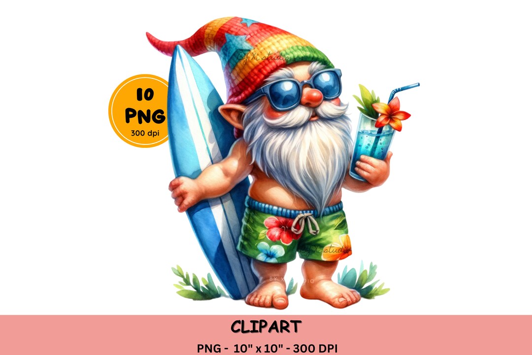 Watercolor Summer Beach Gnome Clipart, Surf Gnome Clipart, Beach Gnome ...
