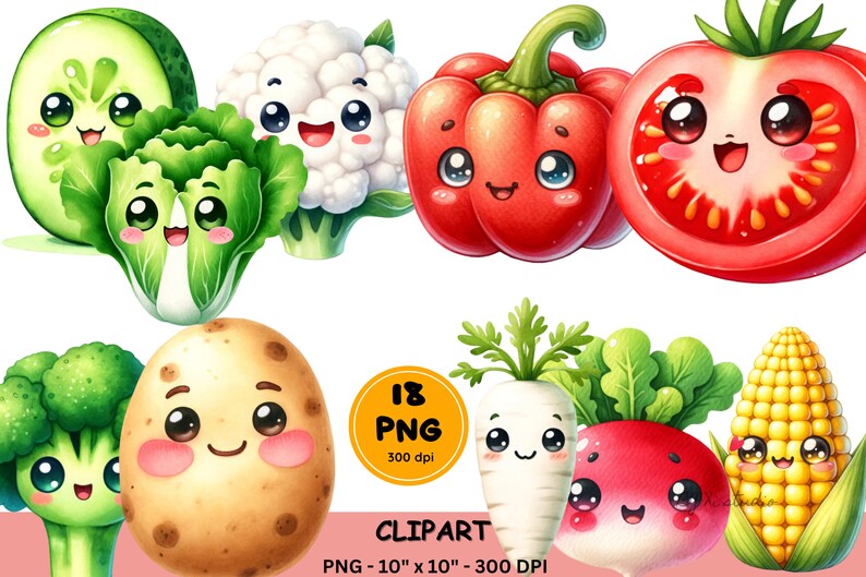 Watercolor Kawaii Vegetable Clipart, Cute Veggies Clipart, Cute Food ...