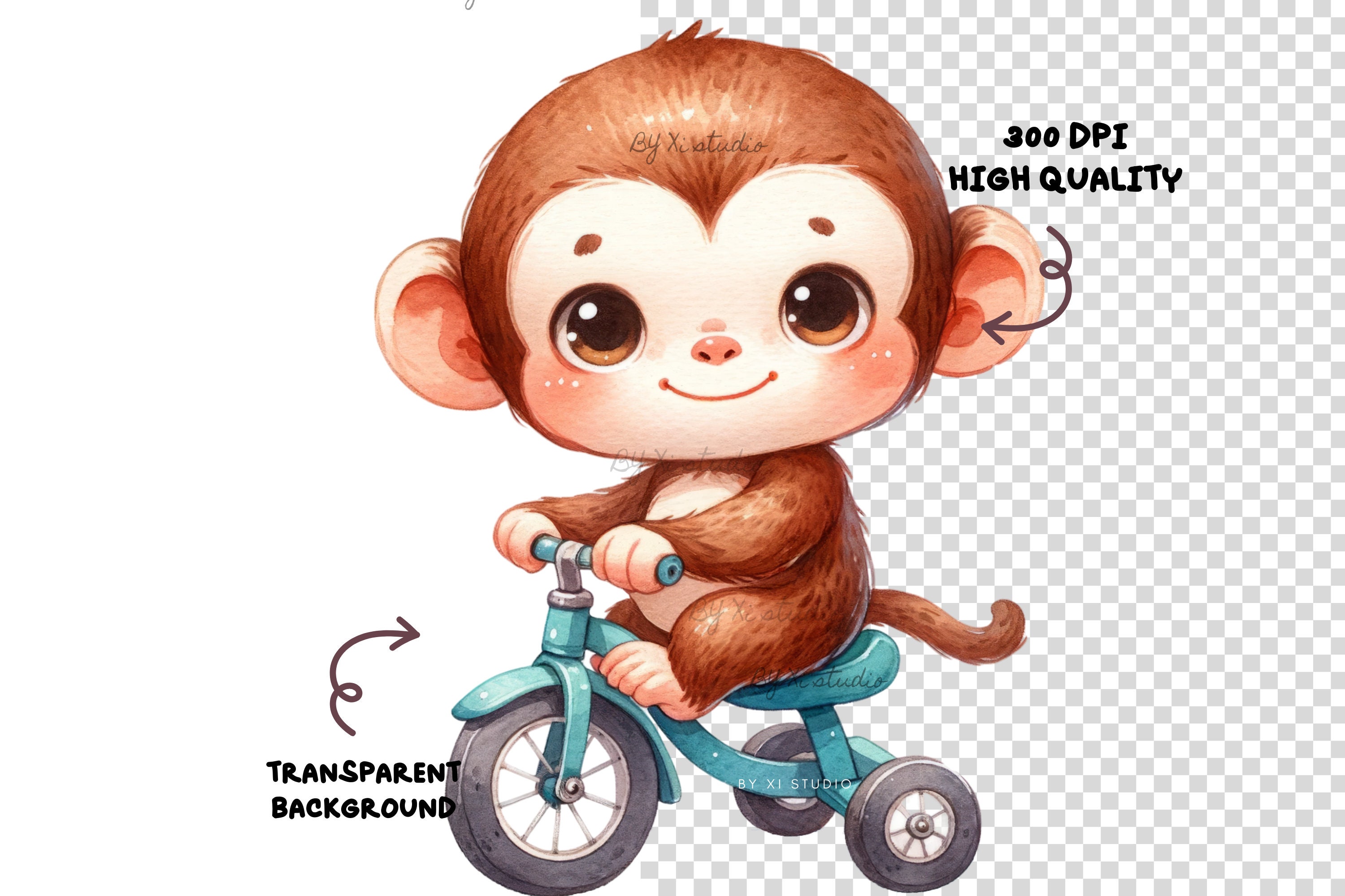 Watercolor Assorted Safari Animals on Tricycle Clipart, Baby Animal ...