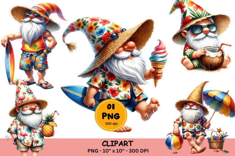 Watercolor Summer Gnome Clipart, Summer Beach Gnome Sublimation Design ...