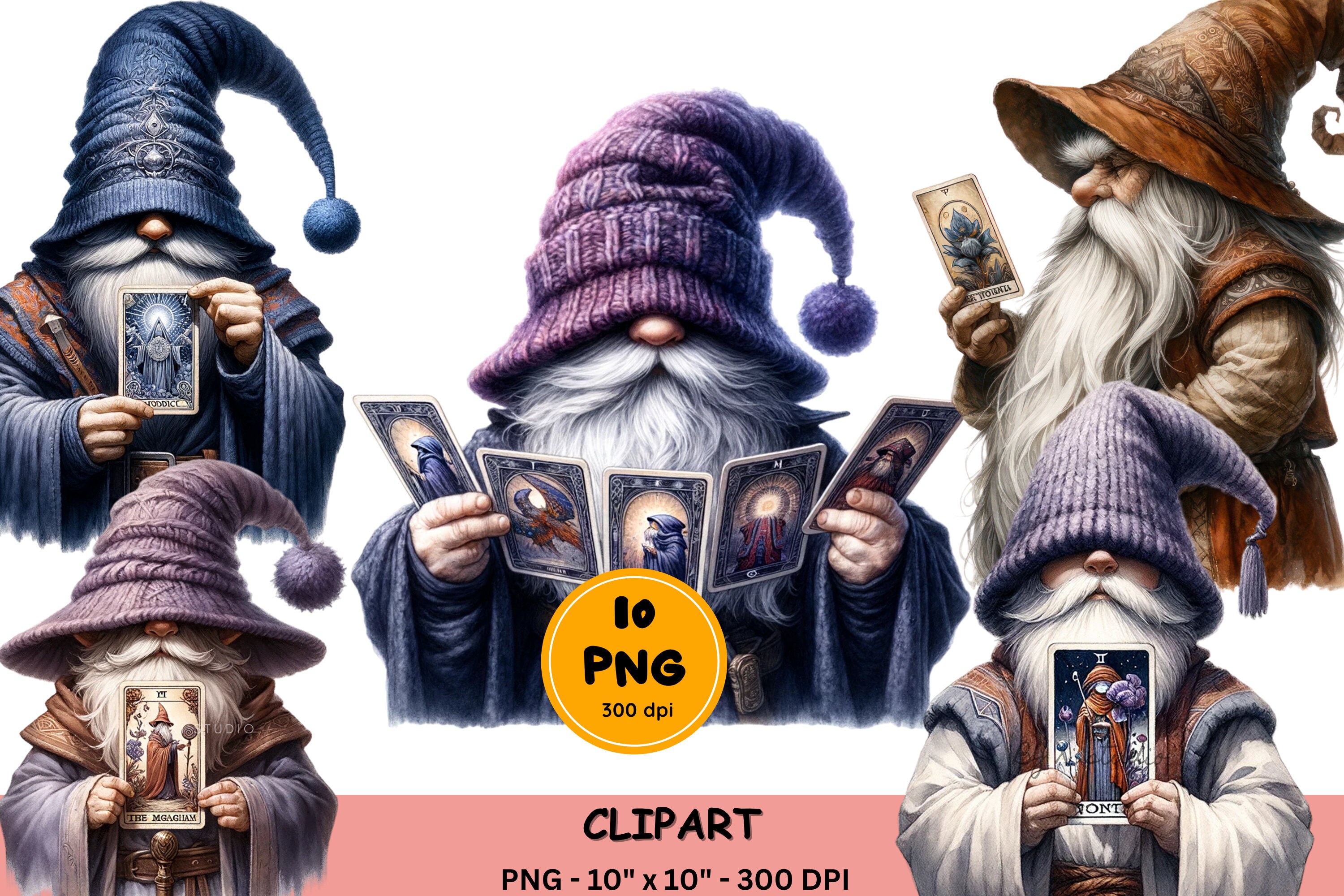 Watercolor Tarot Celestial Gnome Clipart, Fortune Gnome PNG, Wizard ...