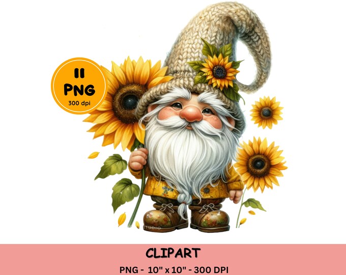 Sunflower Gnome Clipart, Spring Gnome Clipart, Sunflower Girl, Garden ...