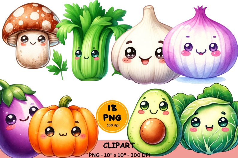 Watercolor Kawaii Vegetable Clipart, Cute Veggies Clipart, Cute Food ...