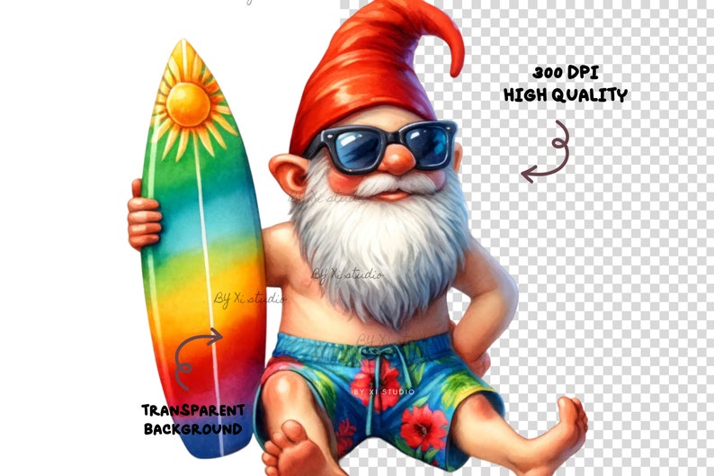 Watercolor Summer Beach Gnome Clipart, Surf Gnome Clipart, Beach Gnome ...