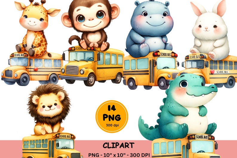 Watercolor Safari Animals on School Bus Clipart, Baby Animal Clipart ...