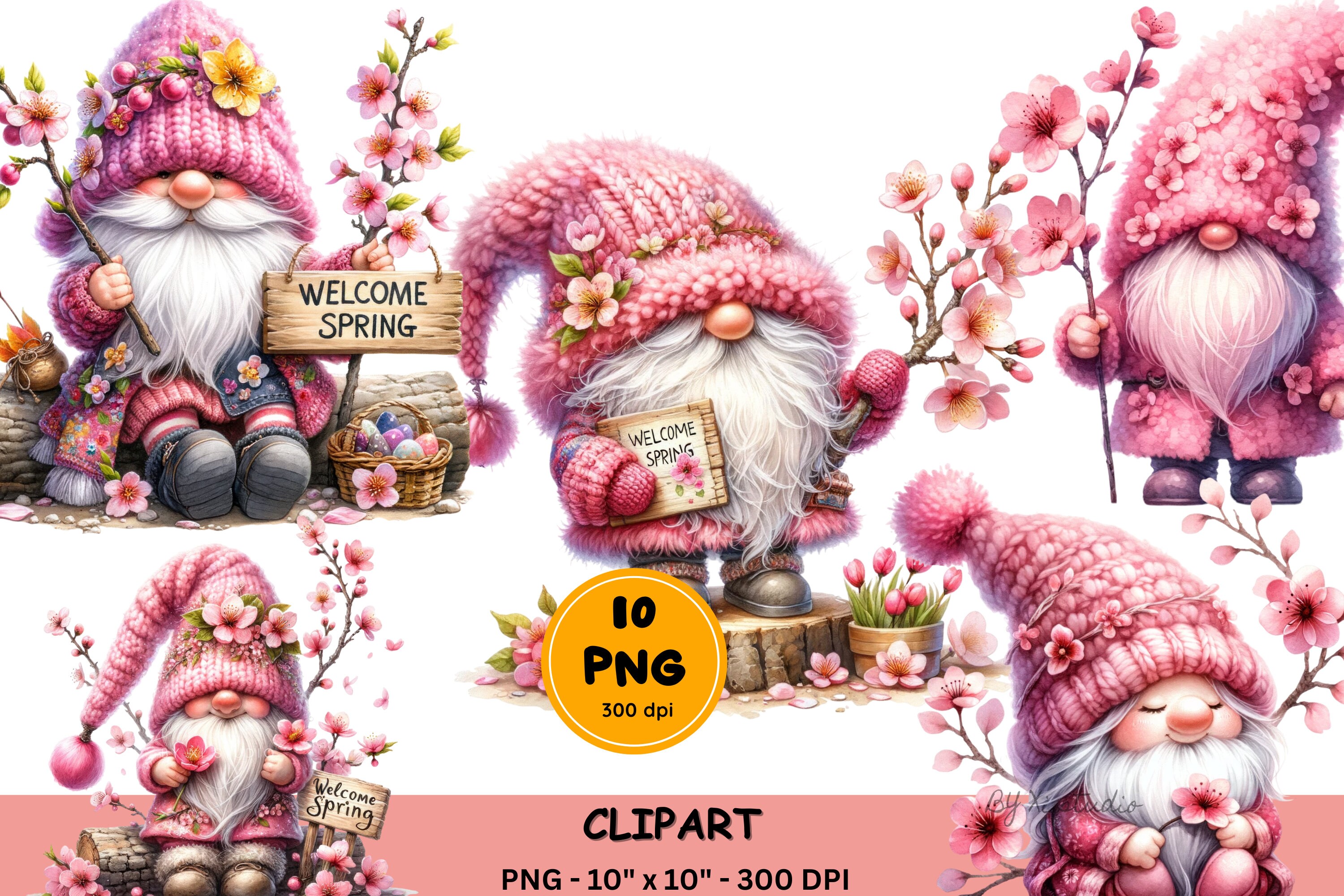Pink Cherry Blossom Gnome Clipart, Spring Gnome PNG, Garden Gnome Clip ...