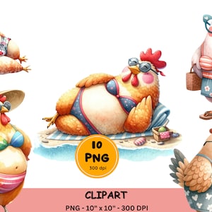 Watercolor Cute Chicken in Bikini Clipart, Summer Beach Chicken ...