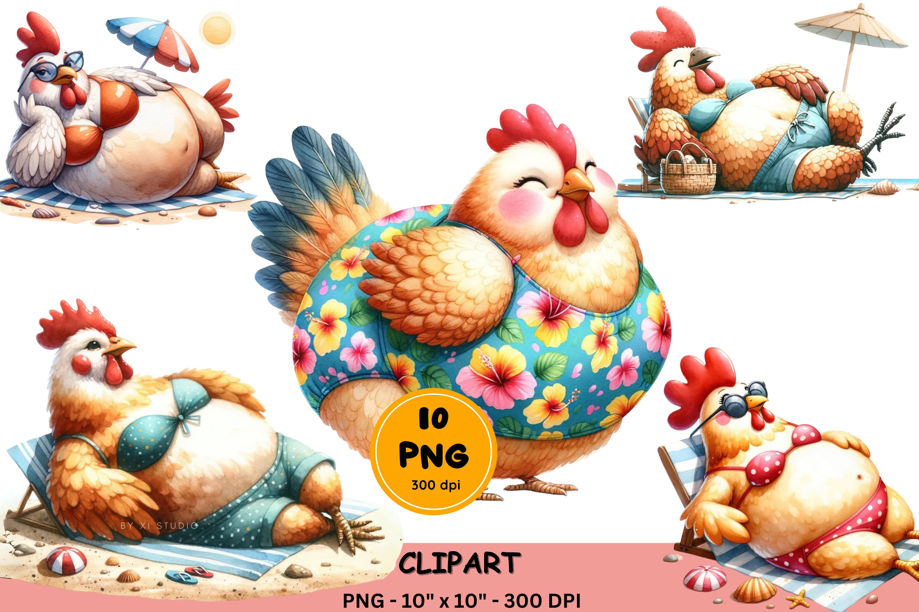 Watercolor Cute Chicken in Bikini Clipart, Summer Beach Chicken ...