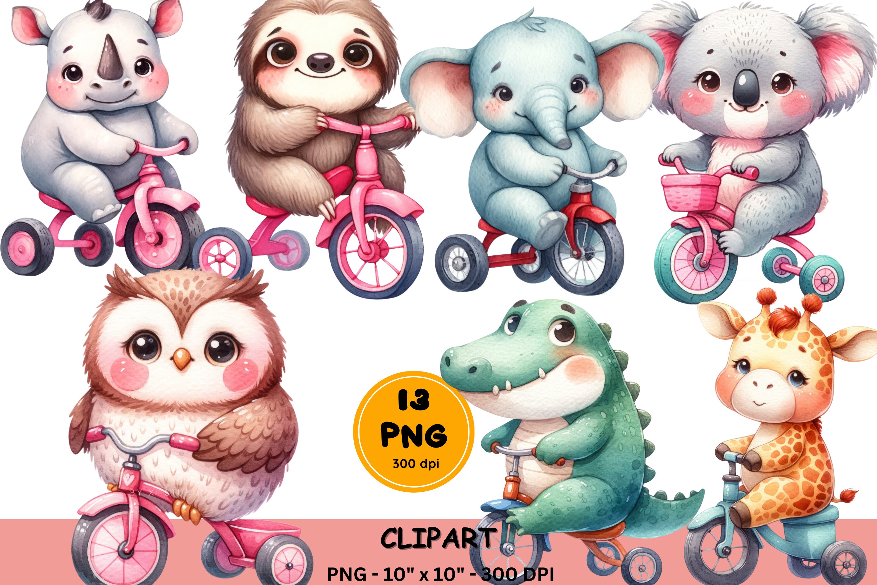 Watercolor Assorted Safari Animals on Tricycle Clipart, Baby Animal ...