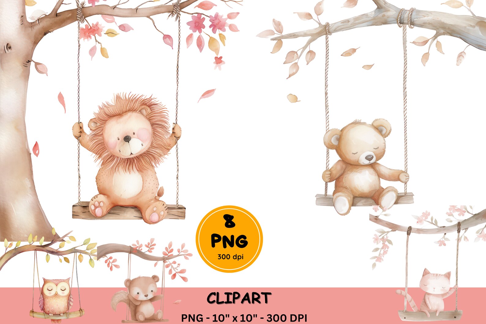 Watercolor Baby Animals on Swing Clipart, Cute Animals Clip Art, Lion ...