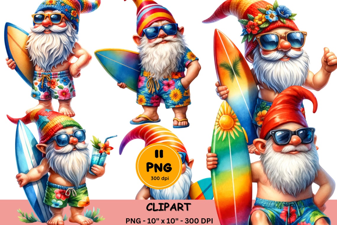Watercolor Summer Beach Gnome Clipart, Surf Gnome Clipart, Beach Gnome ...