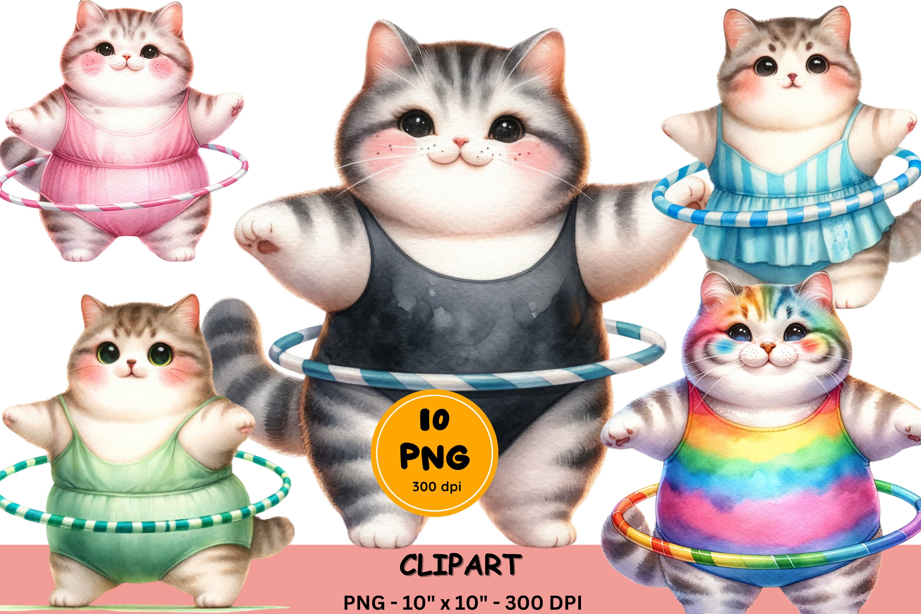Cute Hula Hooping Cat Clipart, Exercise Cat Png, Funny Cat Clipart ...