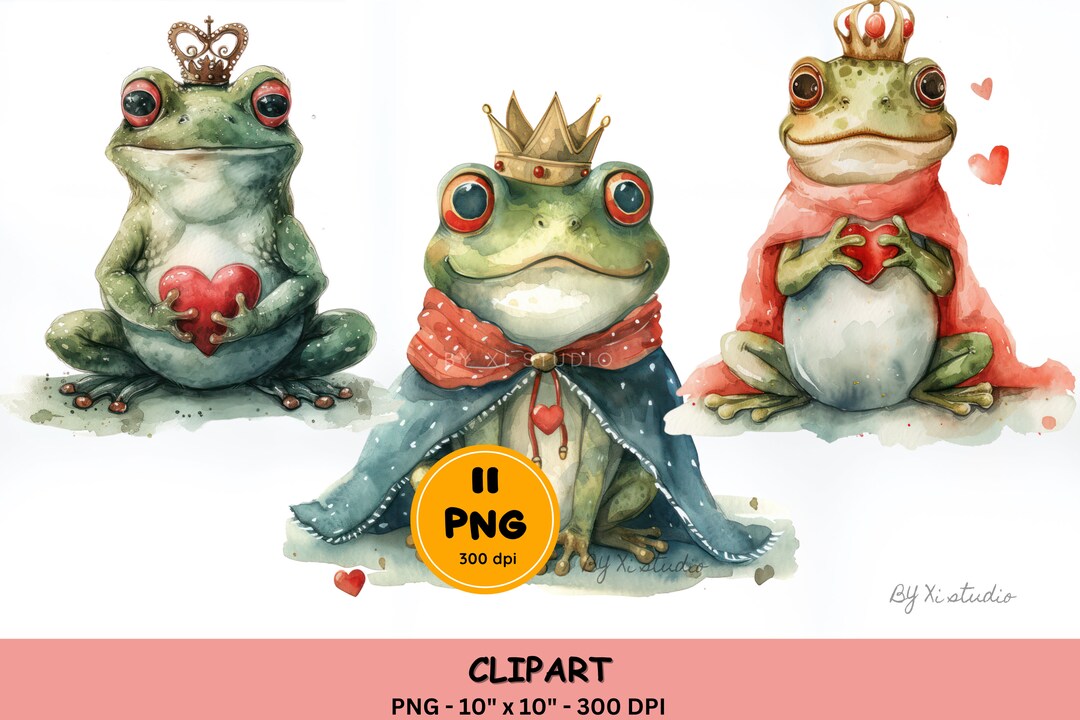 10 Watercolor Prince Green Frog Holding Heart Clipart, Instant Digital ...