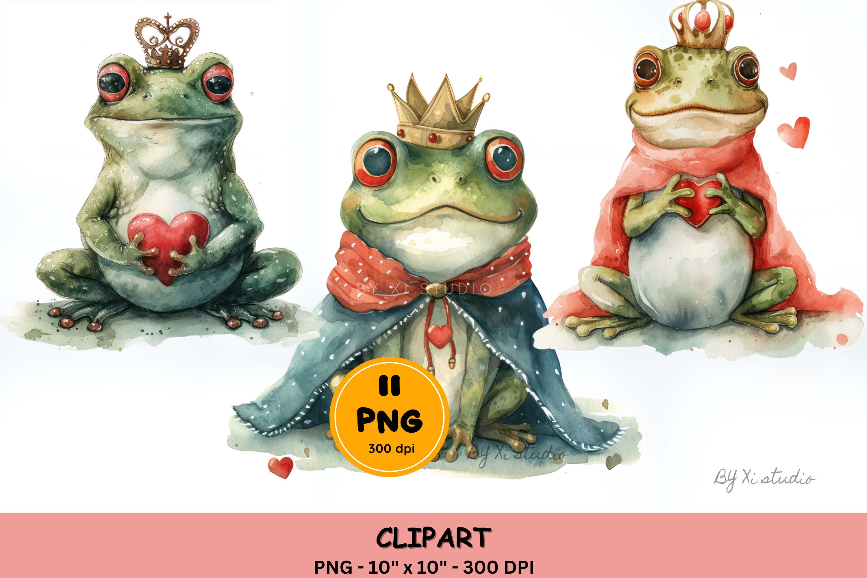 10 Watercolor Prince Green Frog Holding Heart Clipart, Instant Digital ...