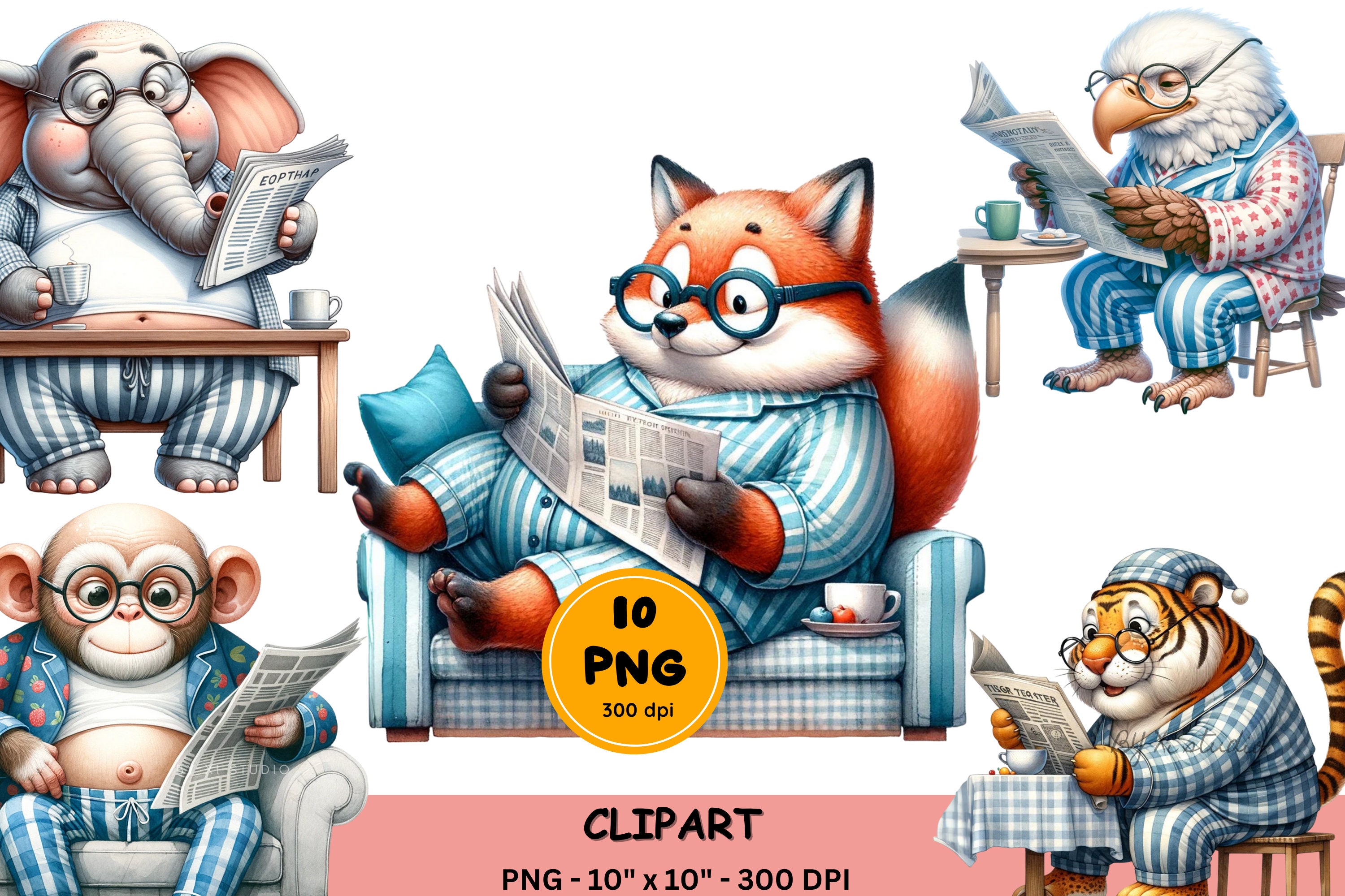 Safari Animal Reading Newspaper Clipart, Pajamas Animals Illustration ...