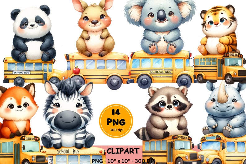Watercolor Safari Animals on School Bus Clipart, Baby Animal Clipart ...