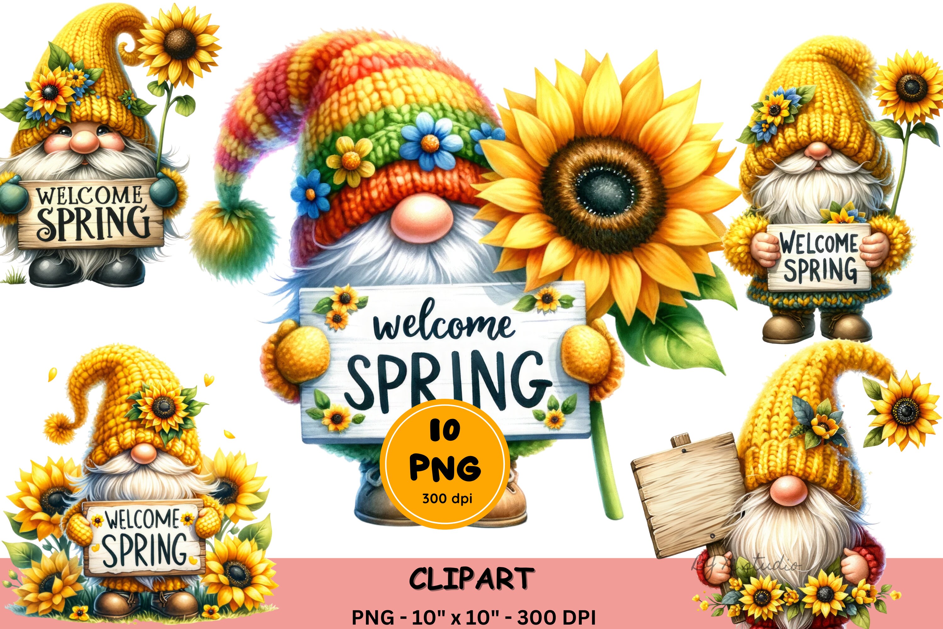 Sunflower Gnome With Welcome Spring Sign Clipart, Spring Gnome PNG ...
