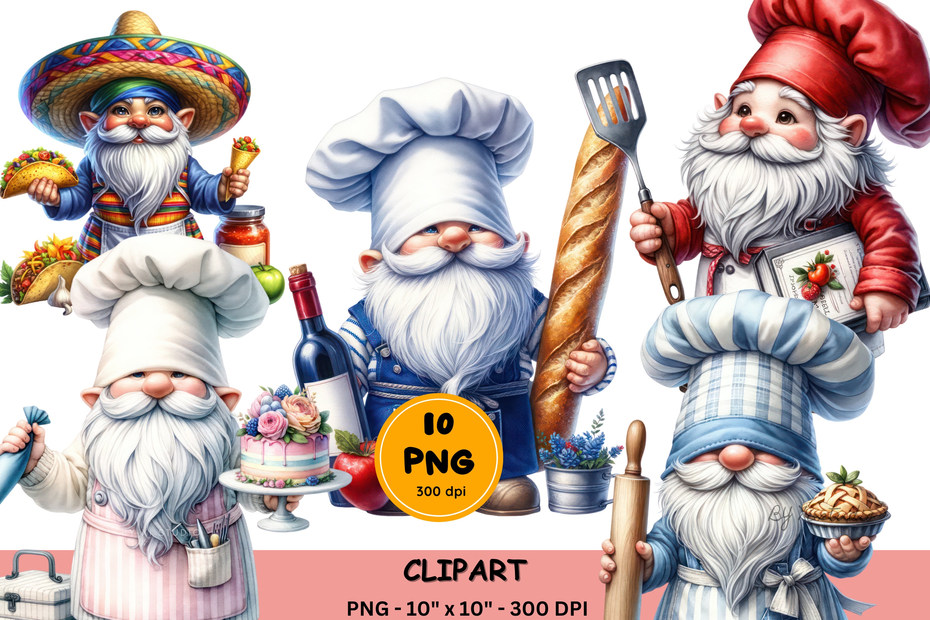 Watercolor Chef Gnomes, Cooking Gnome Png, Kitchen Gnome Illustration ...