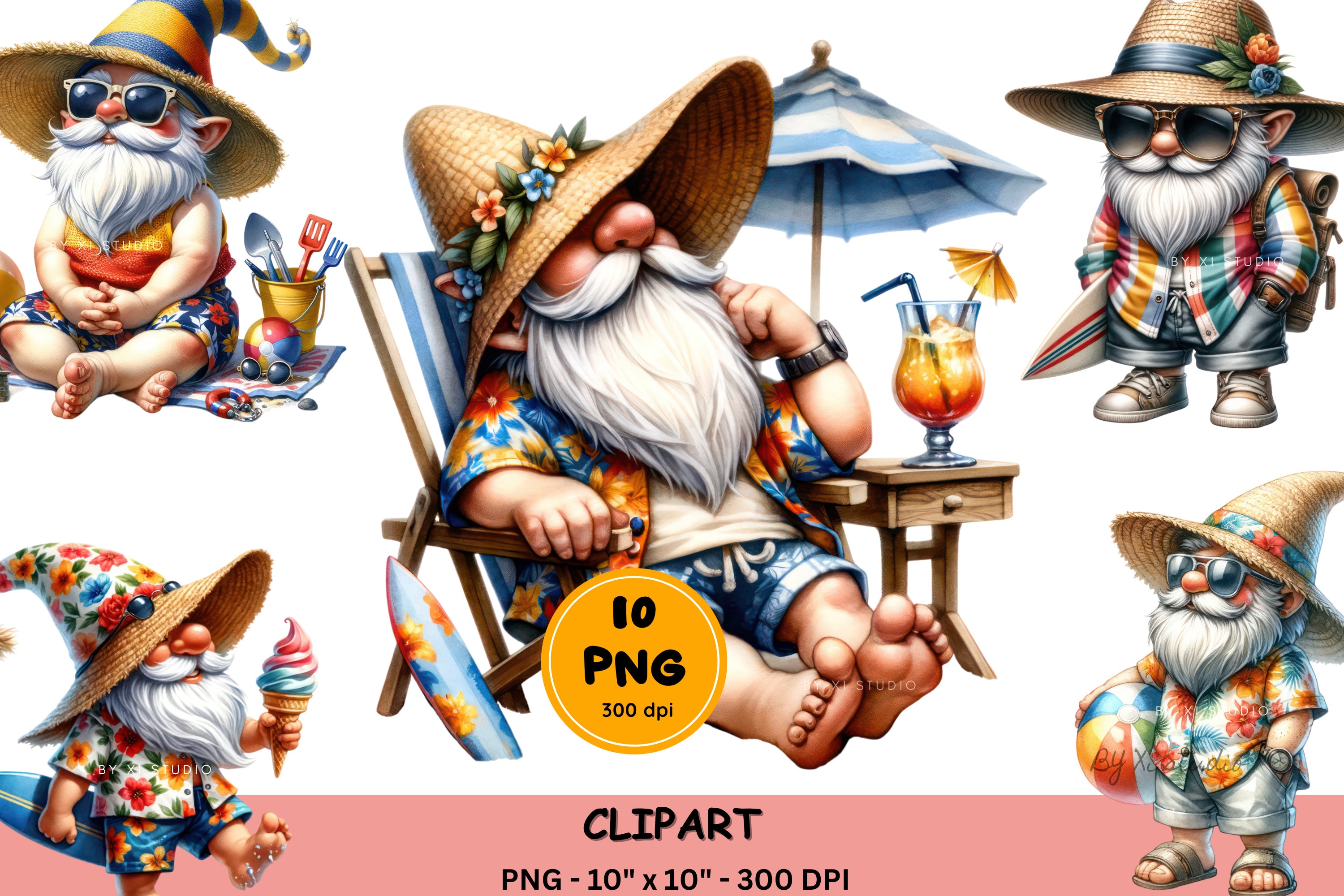 Watercolor Summer Gnome Clipart, Summer Beach Gnome Sublimation Design ...