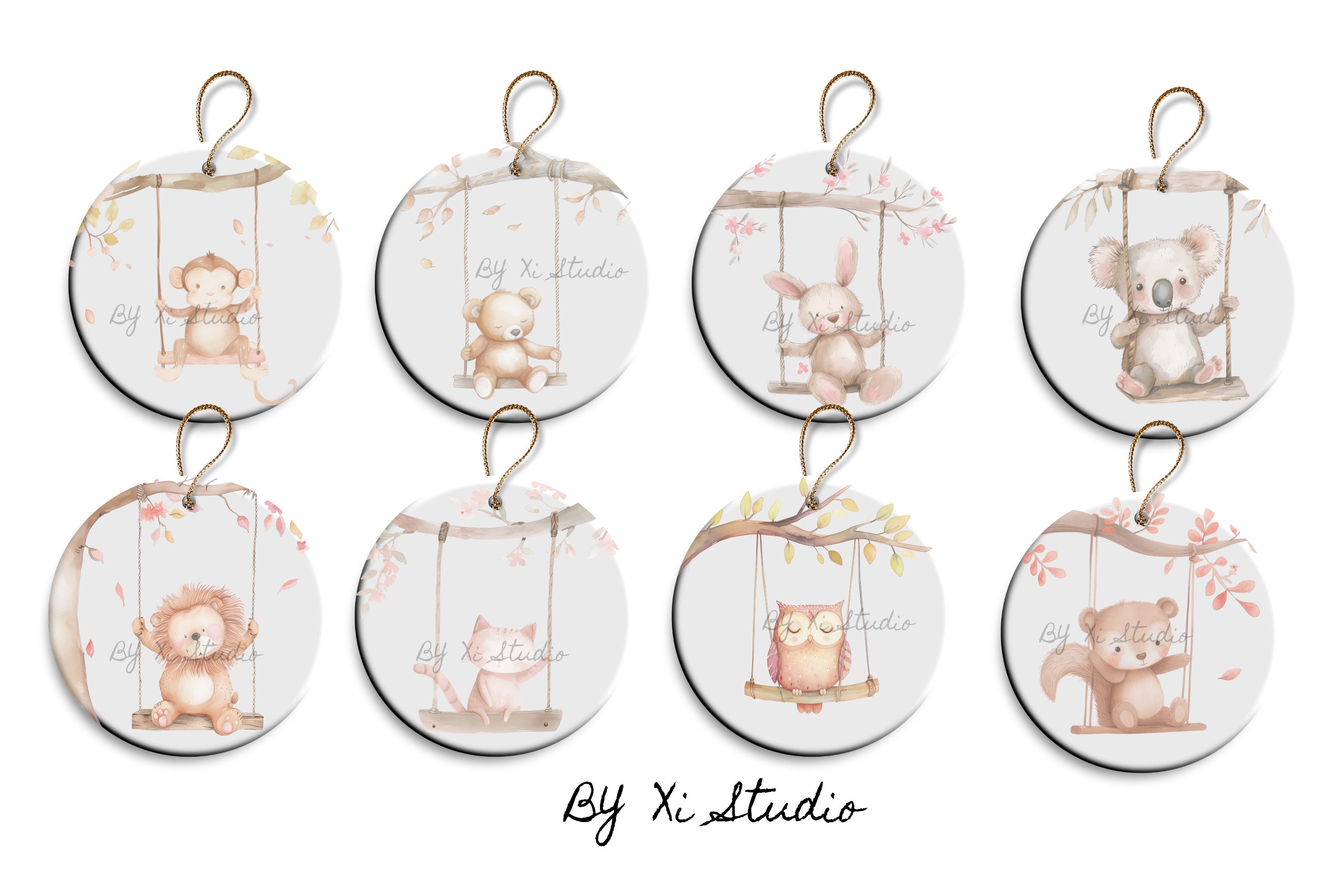 Watercolor Baby Animals on Swing Clipart, Cute Animals Clip Art, Lion ...