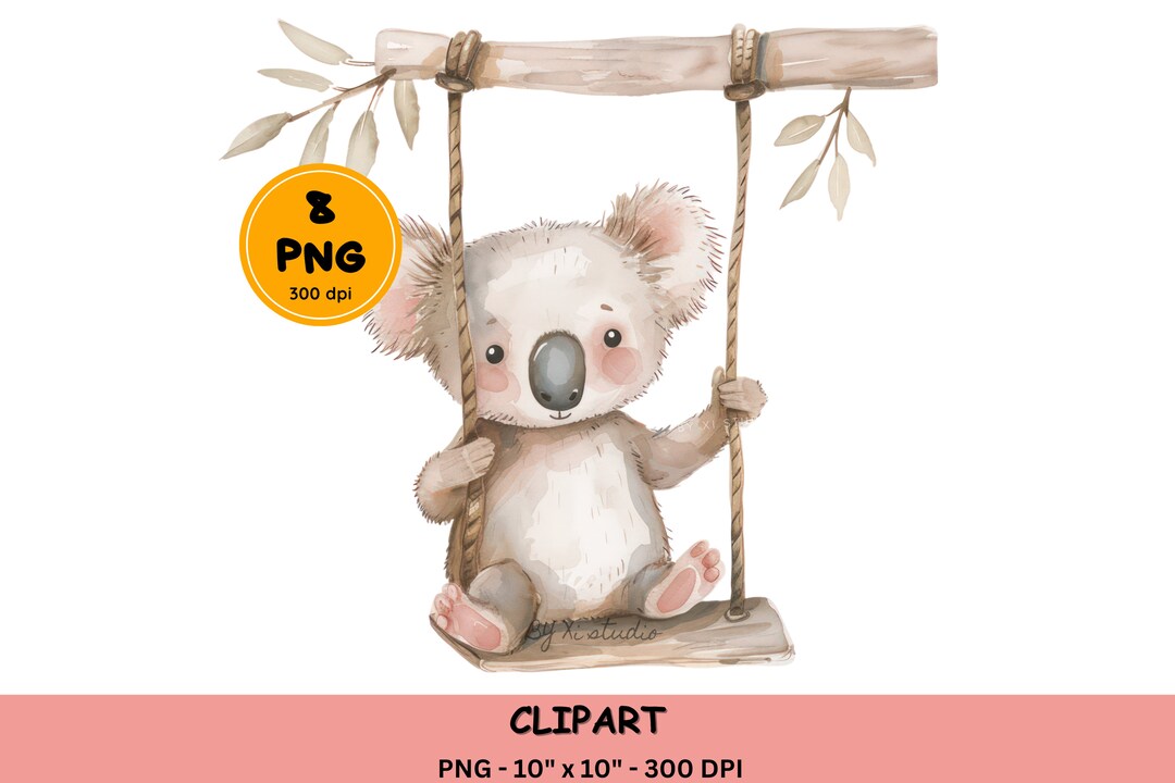 Watercolor Baby Animals on Swing Clipart, Cute Animals Clip Art, Lion ...