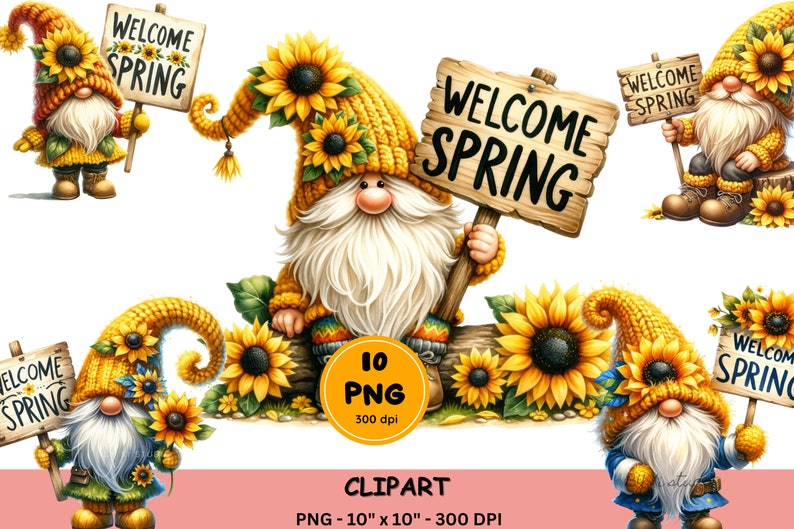 Sunflower Gnome With Welcome Spring Sign Clipart, Spring Gnome PNG ...