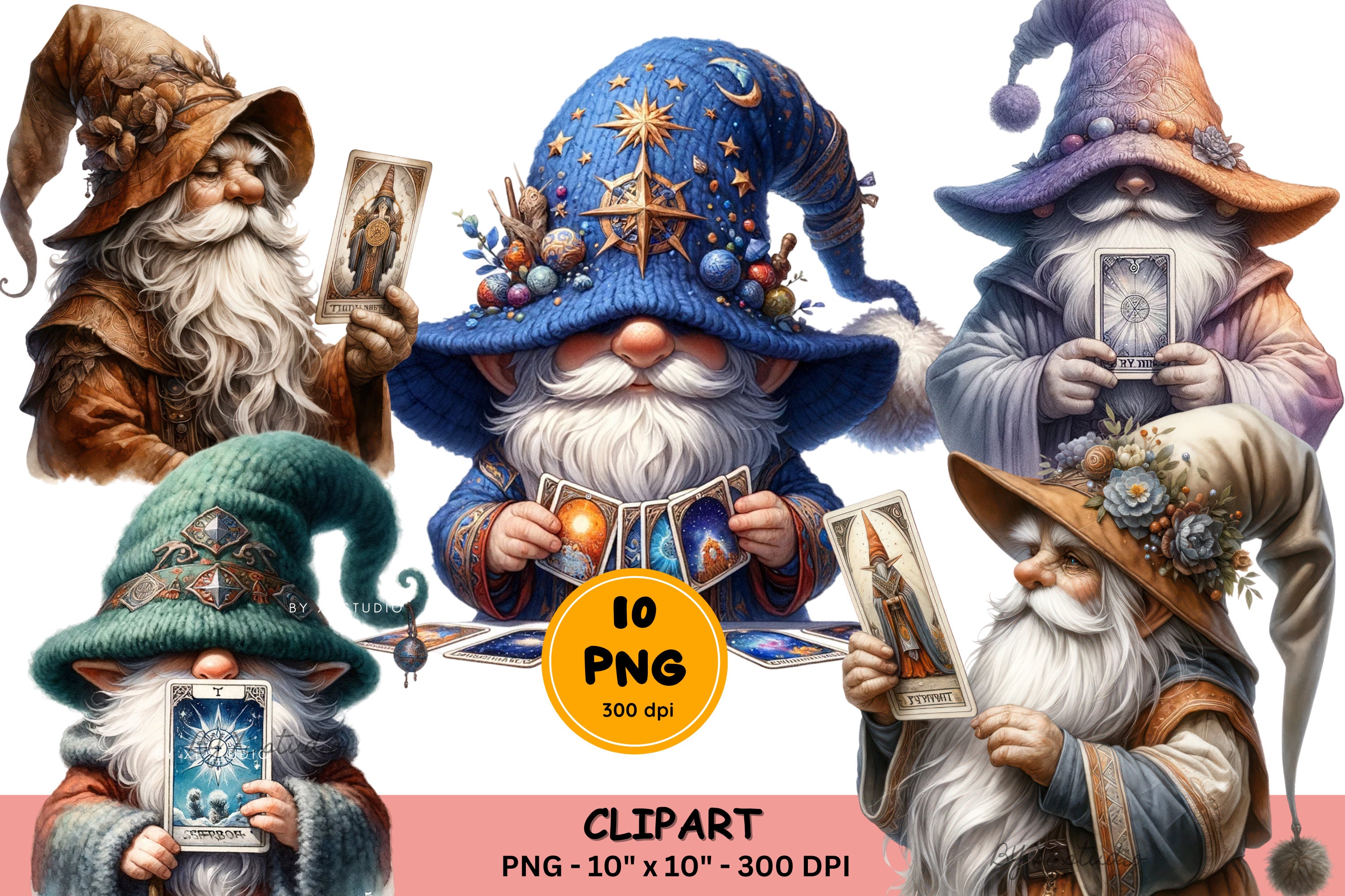 Watercolor Tarot Celestial Gnome Clipart, Fortune Gnome PNG, Wizard ...