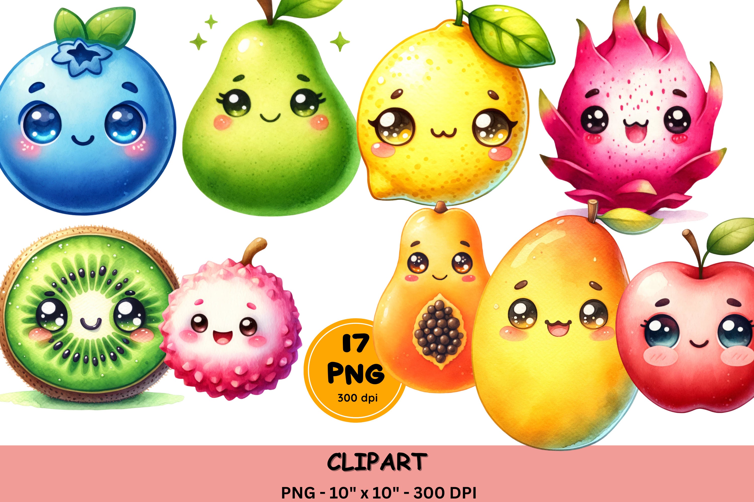 Watercolor Cute Fruits Clipart, Kawaii Fruit Sublimation Design ...