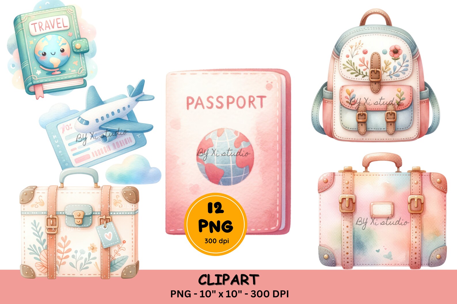 Travel Clipart, Watercolor Vacation Clip Art, Summer Holidays, Passport ...