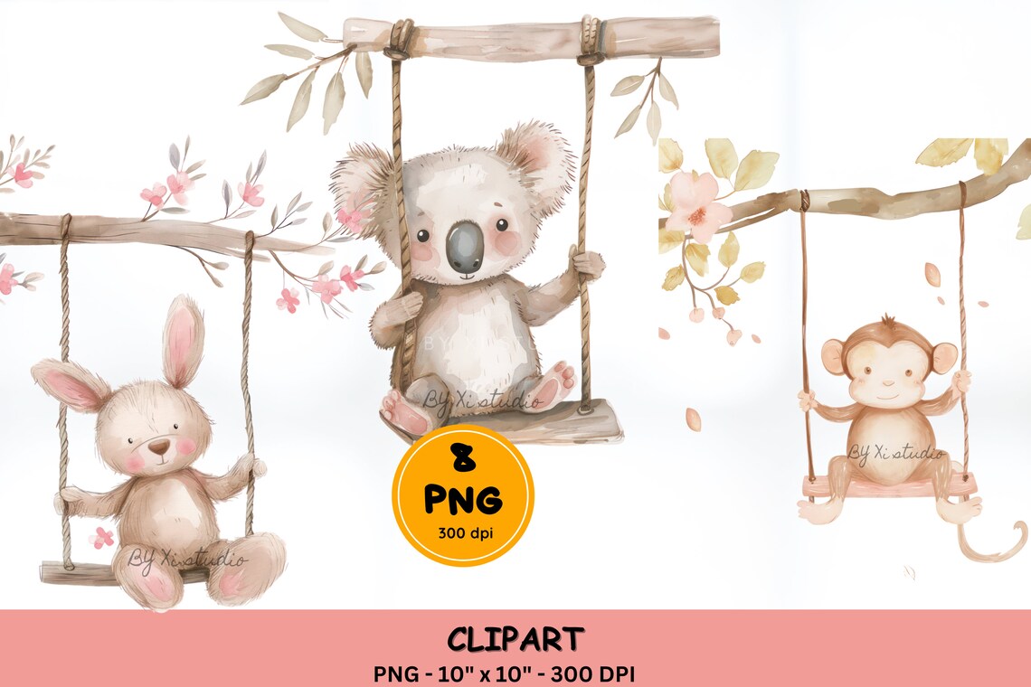 Watercolor Baby Animals on Swing Clipart, Cute Animals Clip Art, Lion ...