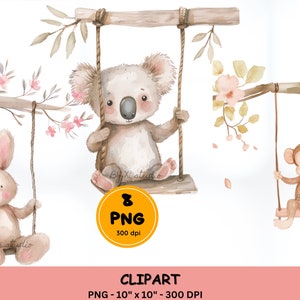 Watercolor Baby Animals on Swing Clipart, Cute Animals Clip Art, Lion ...